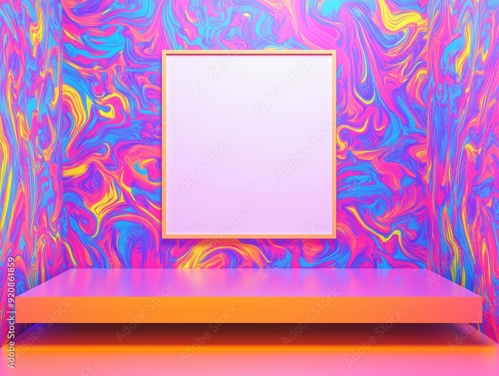 Psychedelic 90s colorful room mockup template vibrant neon swirl wall ...