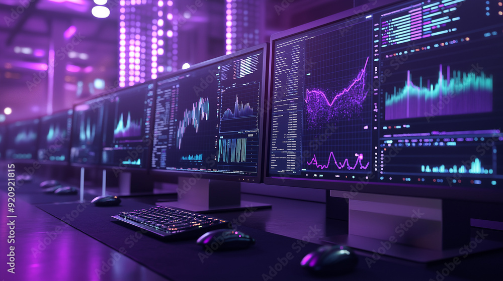 Computer monitor displaying an abstract network monitoring dashboard with real-time data ...