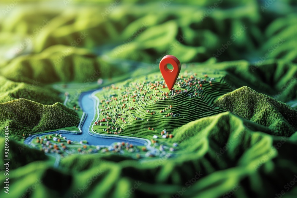 A colorful green land plot features a bright red pin, highlighting a ...