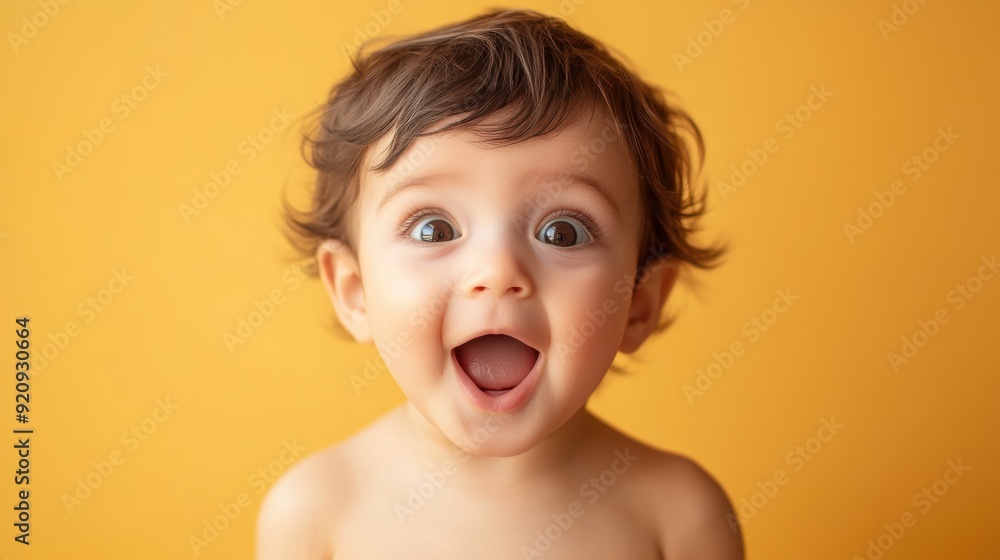 Portrait of an excited baby with wide eyes and an open mouth, against a ...