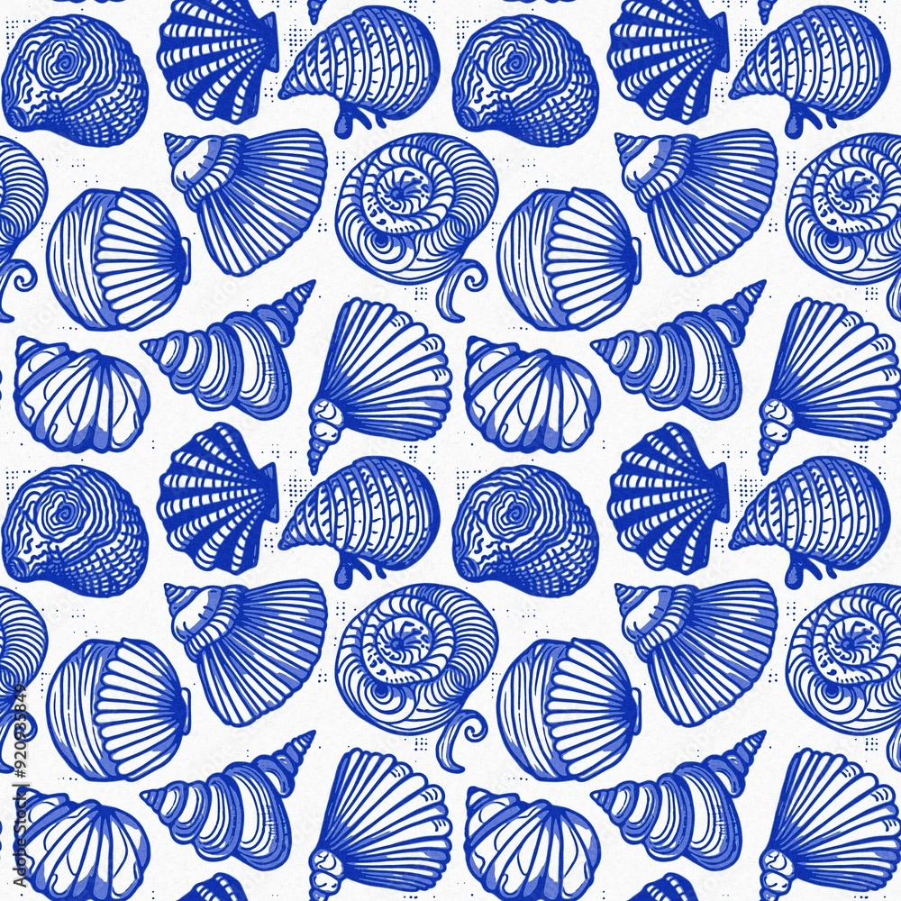 Azure blue white shell motif with linen seamless batik background ...