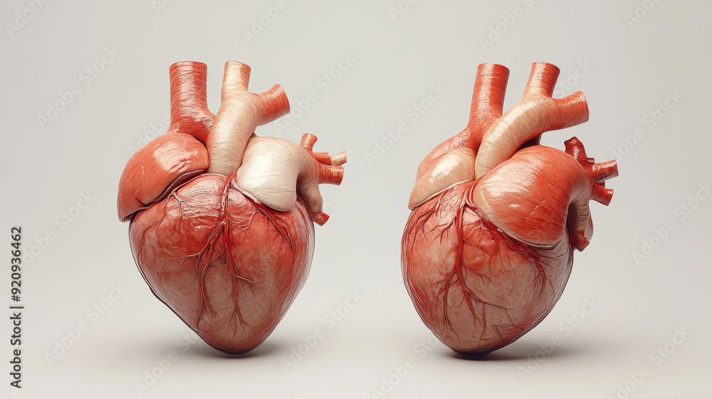 Anatomy of the human heart, shown from the front and side views, in 3D ...