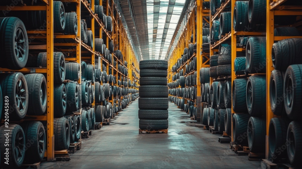 Rows of stacked car tyres along a factory storage area, showcasing the ...