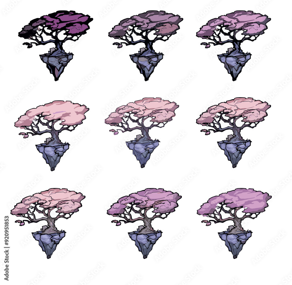 Vector Game object sakura 2D Set tree drawing contour cartoon item ...