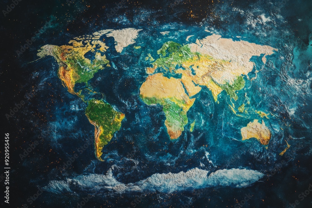 A top-down view displays a vibrant world map highlighting Earth's ...
