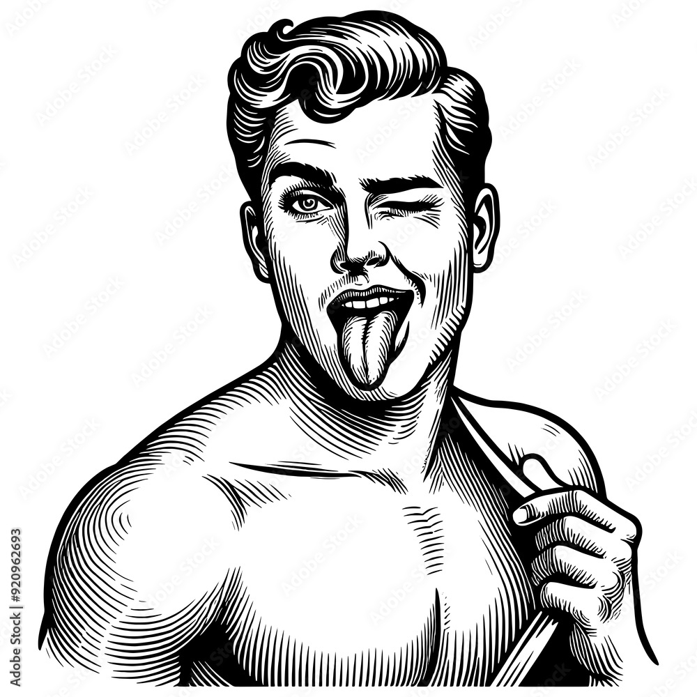 shirtless man winking and sticking out his tongue, fun and charismatic ...