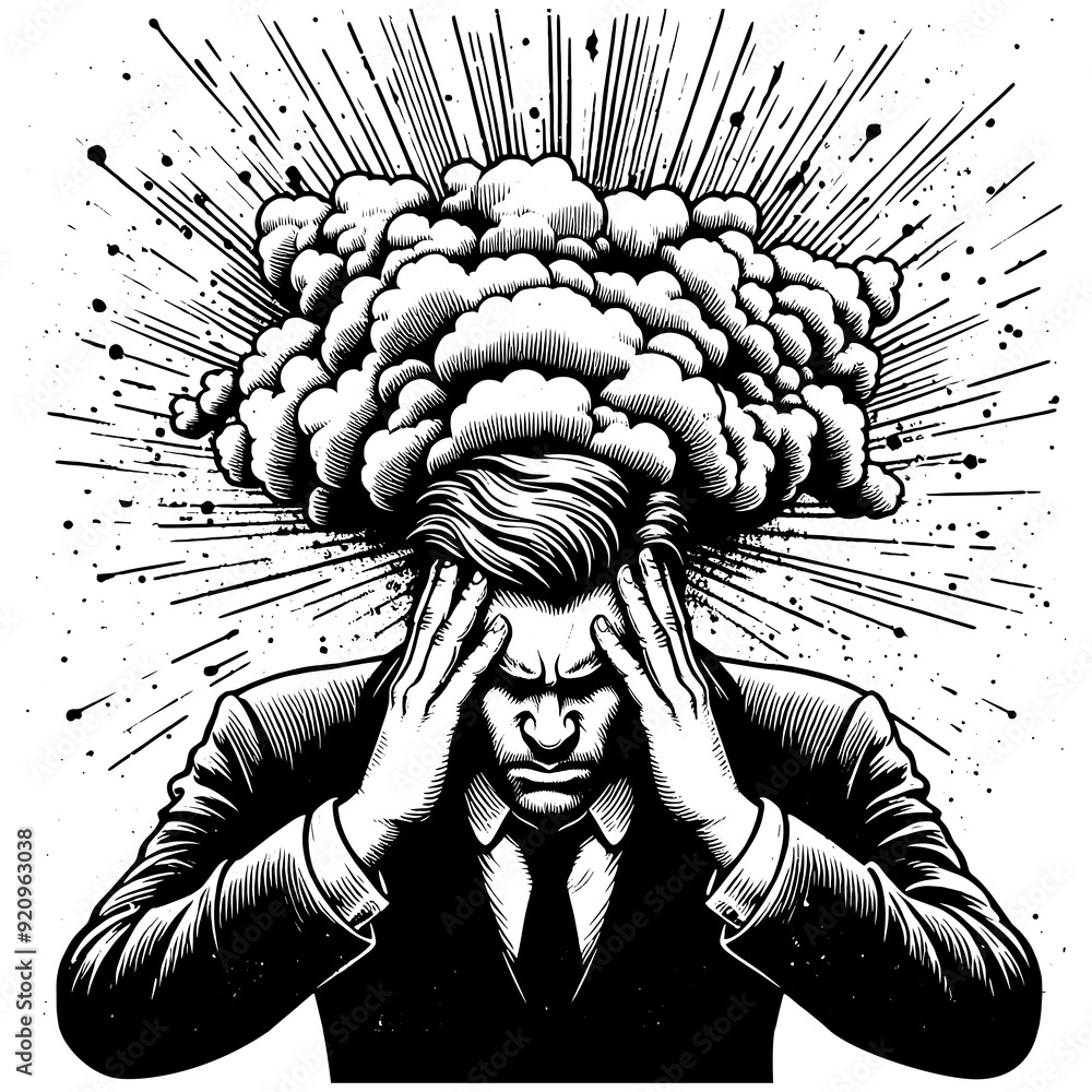 man with an exploding head, symbolizing extreme stress, pressure, or ...