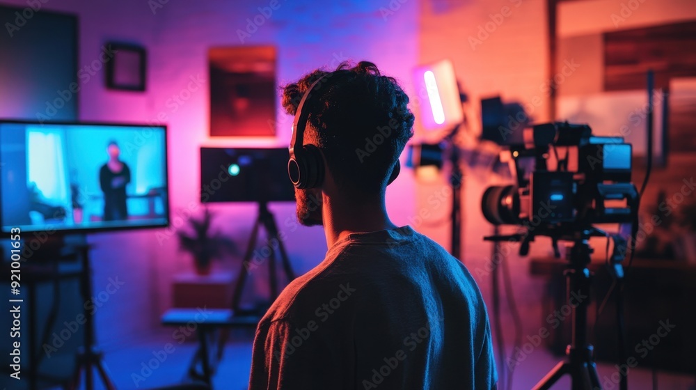 Young influencers livestreaming in a modern studio setup with ...