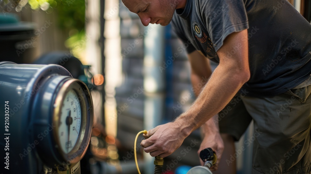 Checking Refrigerant Pressure - The repairman wore a gray T-shirt and ...