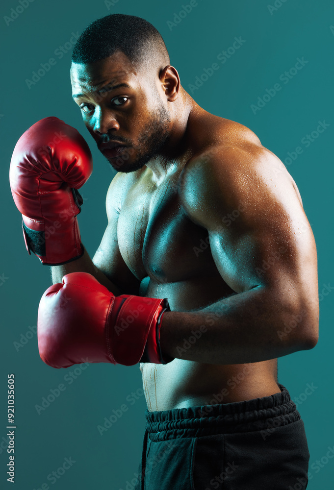 Black man, boxing and sport of portrait on studio background, power ...
