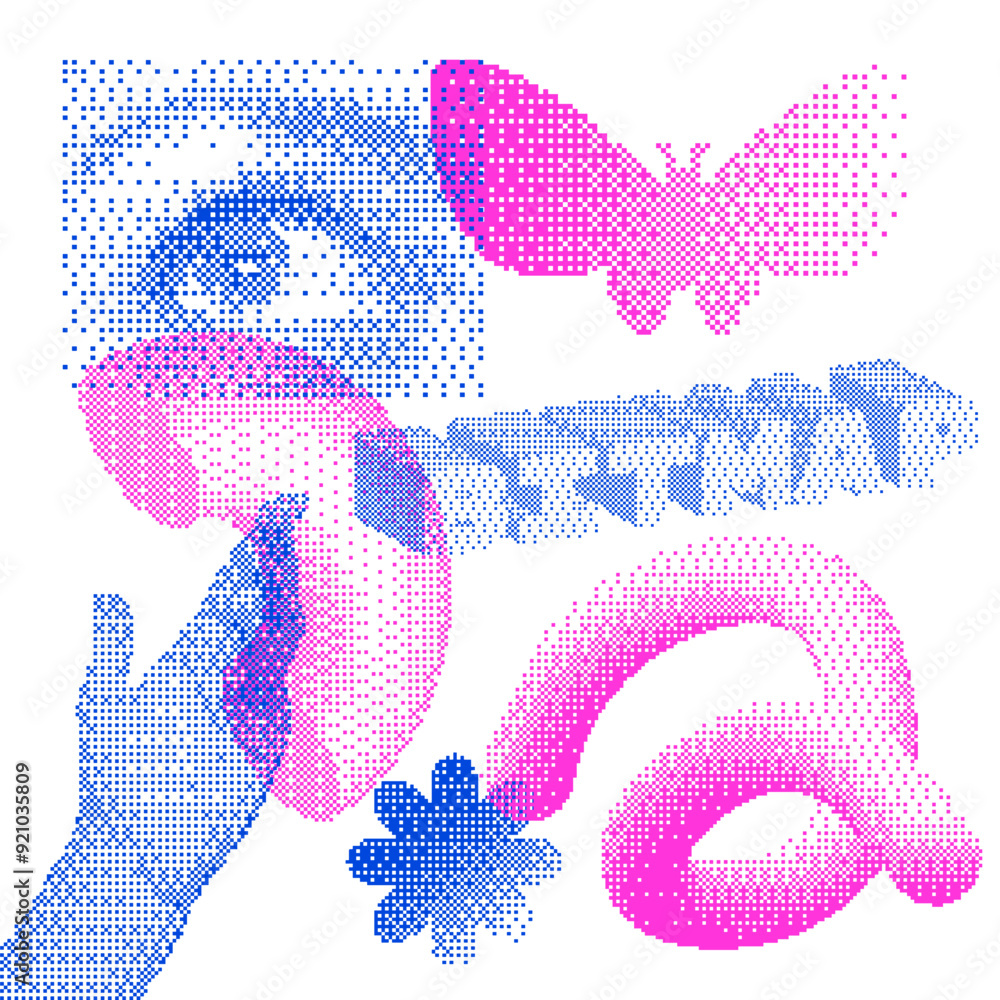 Abstract Y2K Graphic Design 3D Forms Elements set. Trendy Shapes, eye ...