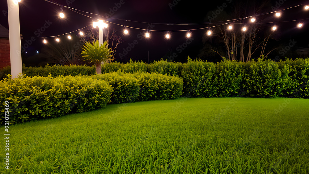 Garden at night with grass lawn at the center, shrubs in the background ...