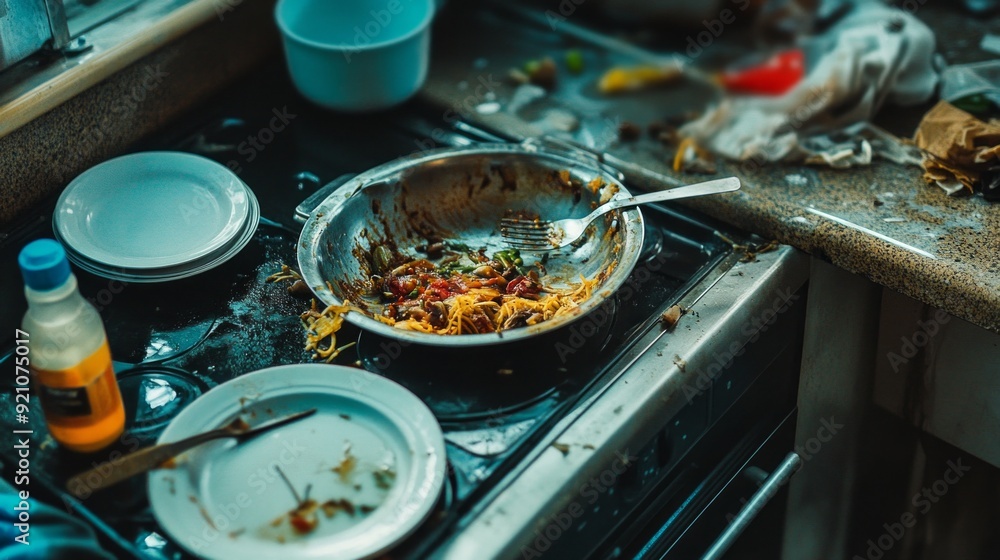 Messy kitchen scene with dirty dishes and leftover food on stove. AI. A ...