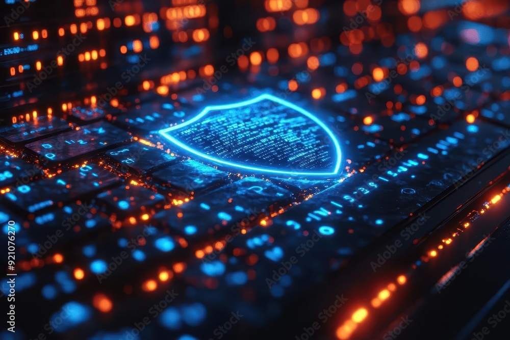 cybersecurity visualization glowing blue shield protecting stylized laptop abstract data streams ...