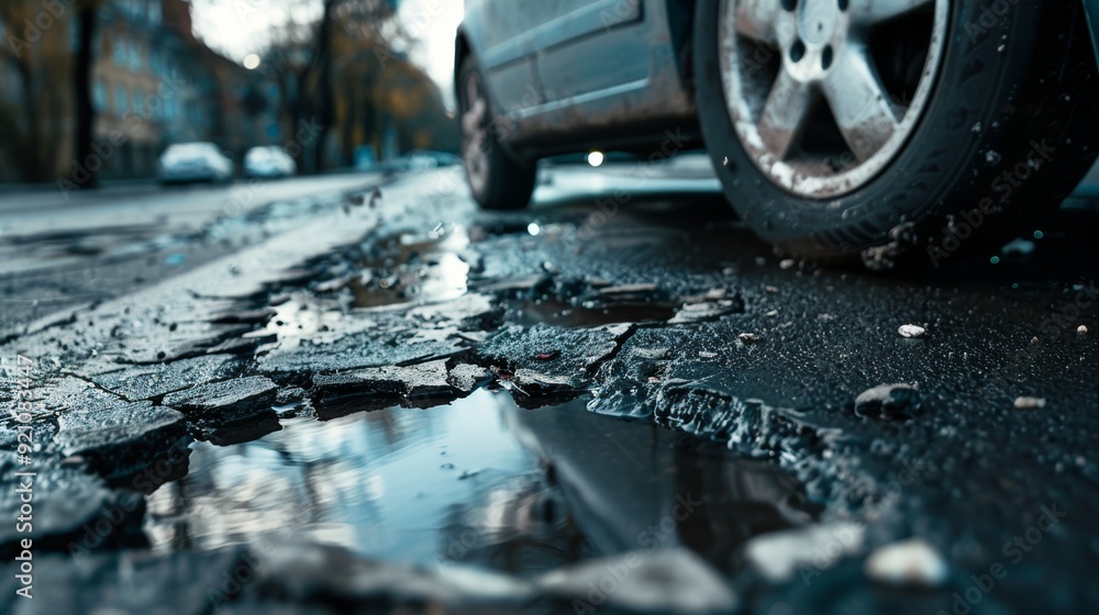 car wheels running and closed up Very bad quality street with potholes ...