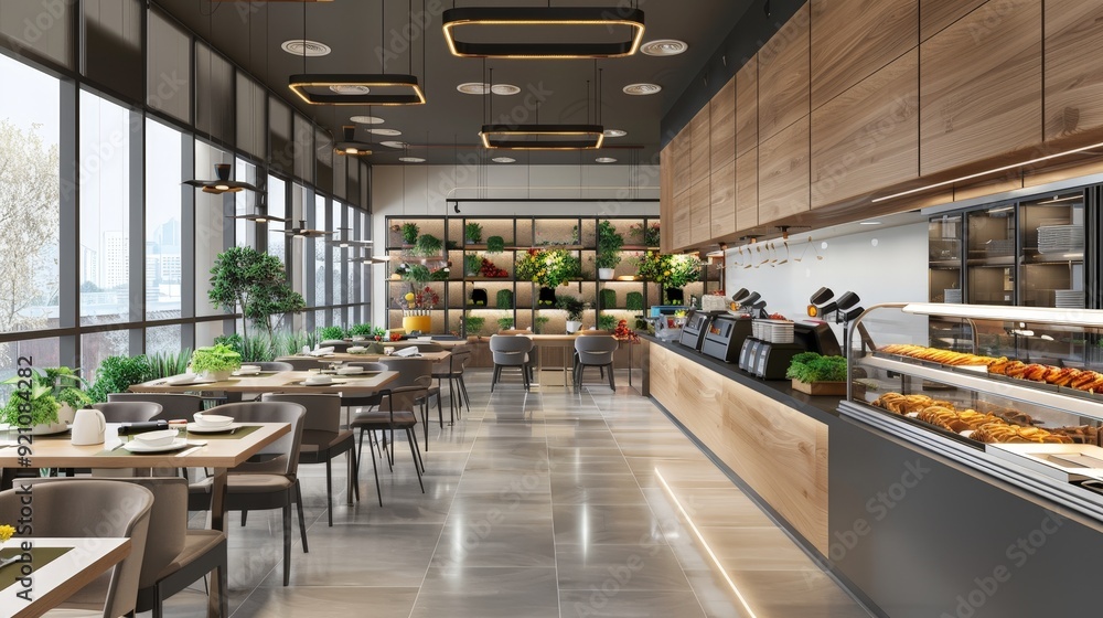 A 3D-rendered business office cafeteria with modern design and a ...