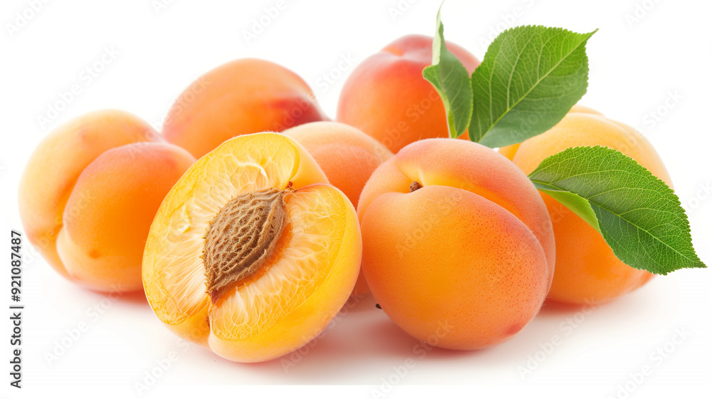 Ripe apricots with leaves, one fruit cut in half showing the pit inside ...