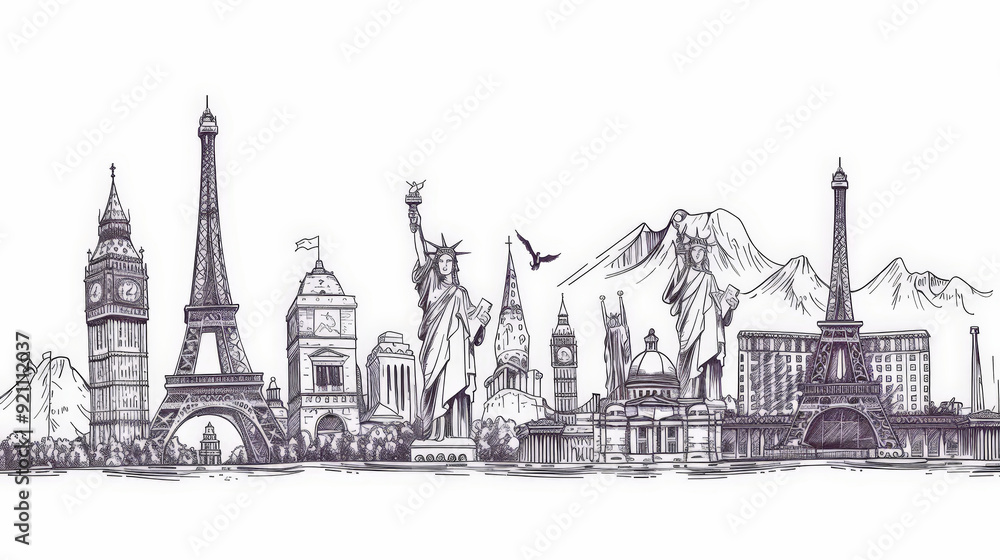 line drawing of famous world landmarks Stock Illustration | Adobe Stock