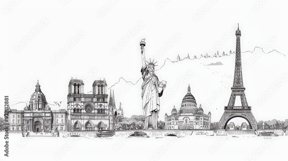 line drawing of famous world landmarks Stock Illustration | Adobe Stock