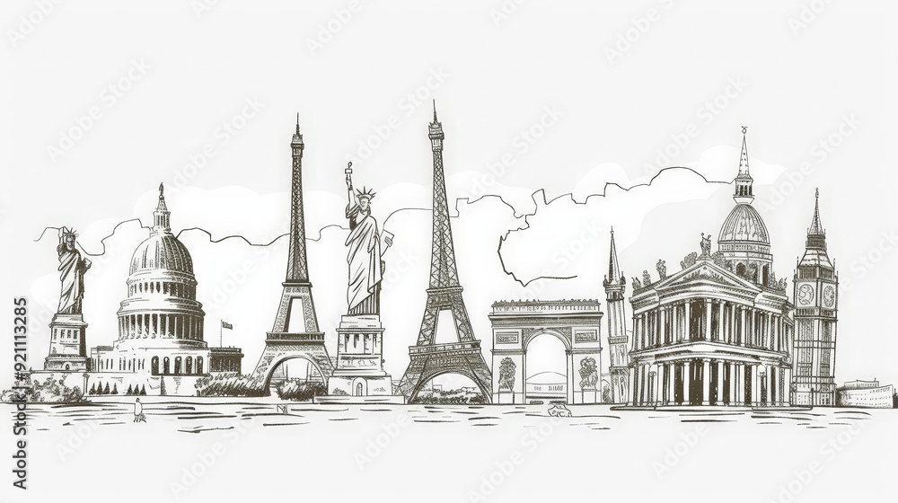 line drawing of famous world landmarks Stock Illustration | Adobe Stock