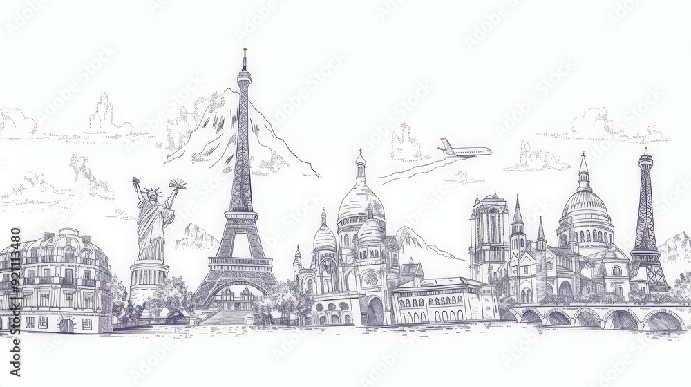line drawing of famous world landmarks Stock Illustration | Adobe Stock