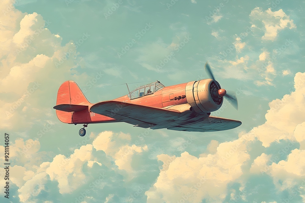 vintage airplanes flying in a clear sky, with a muted, pastel color ...