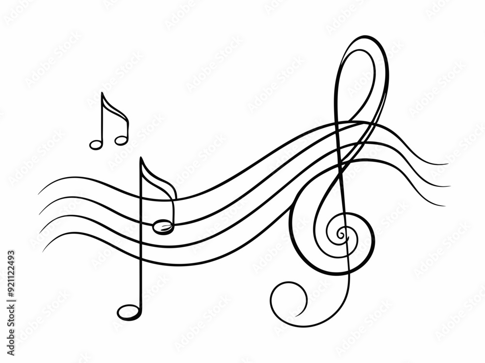 continuous single line drawing of music notes and treble clef, abstract ...