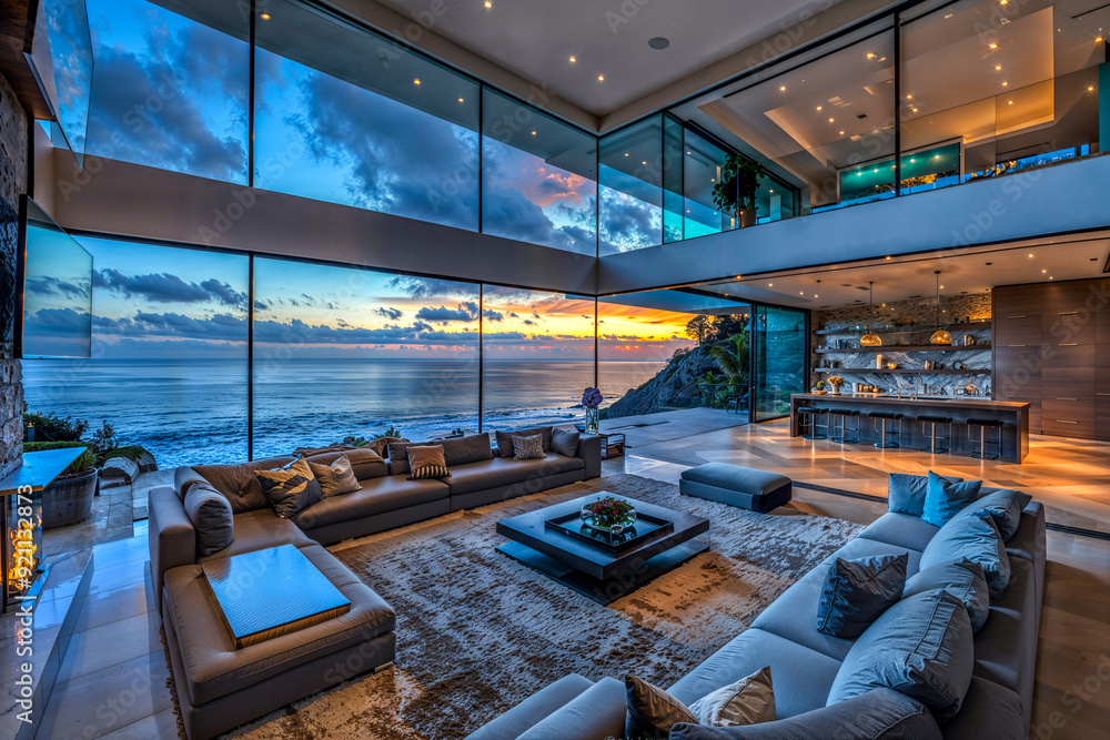 Luxury living room with floor-to-ceiling ocean waterfront view ...