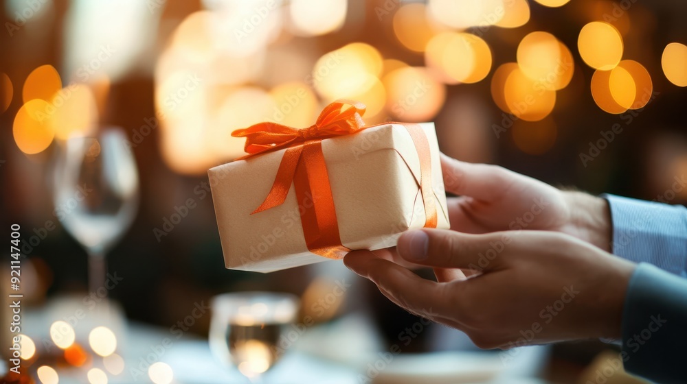 An individual presents a beautifully wrapped gift to another within a ...