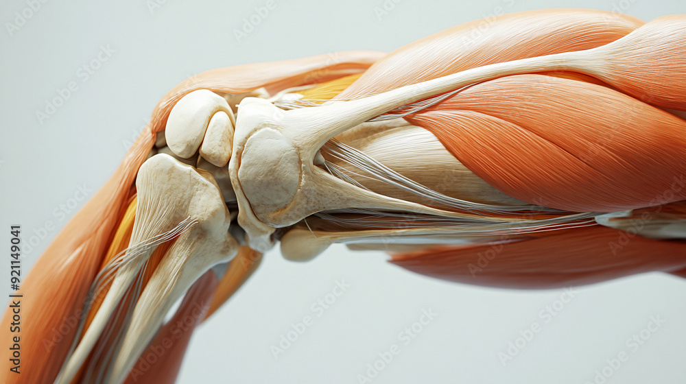 Anatomy of the human elbow joint showing bones, muscles, and ligaments ...