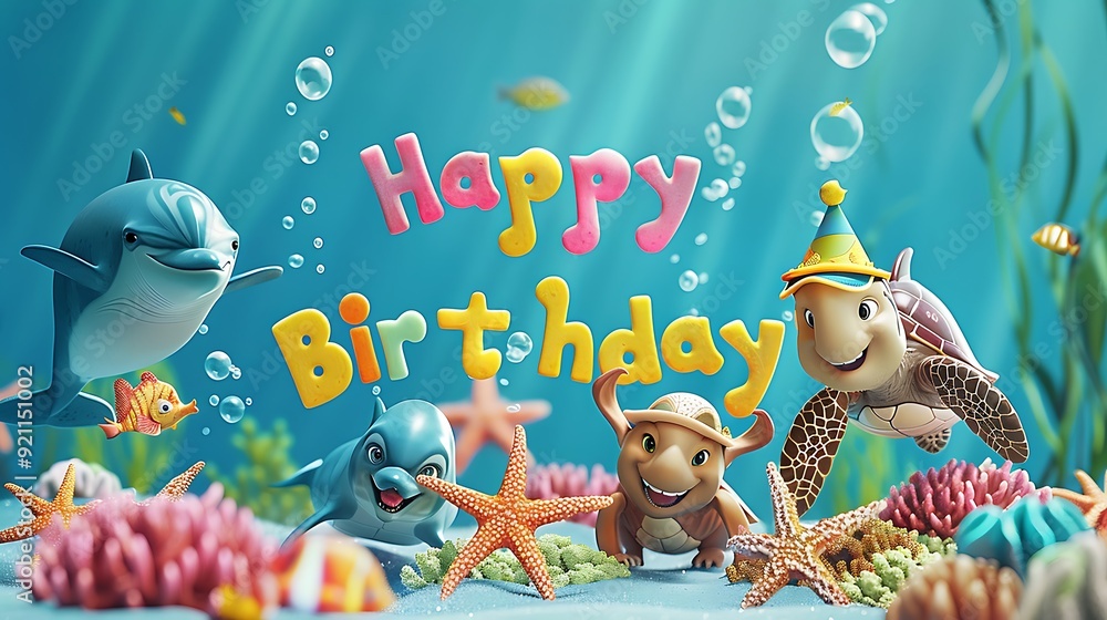 Playful sea creatures, including dolphins, turtles, and starfish, holding "Happy Birthday ...