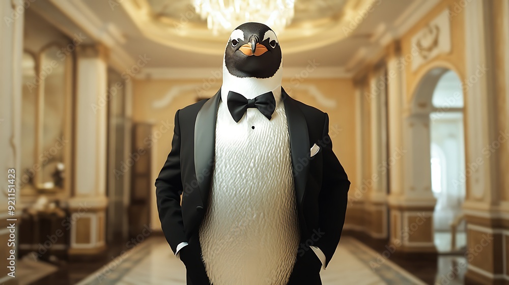 Dapper Penguin: Hyper-Realistic Portrait of a Penguin in a Tuxedo on a ...