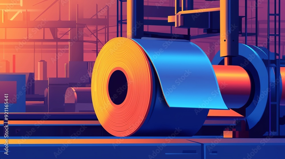 Vibrant industrial scene showcasing a large metal coil in a factory ...