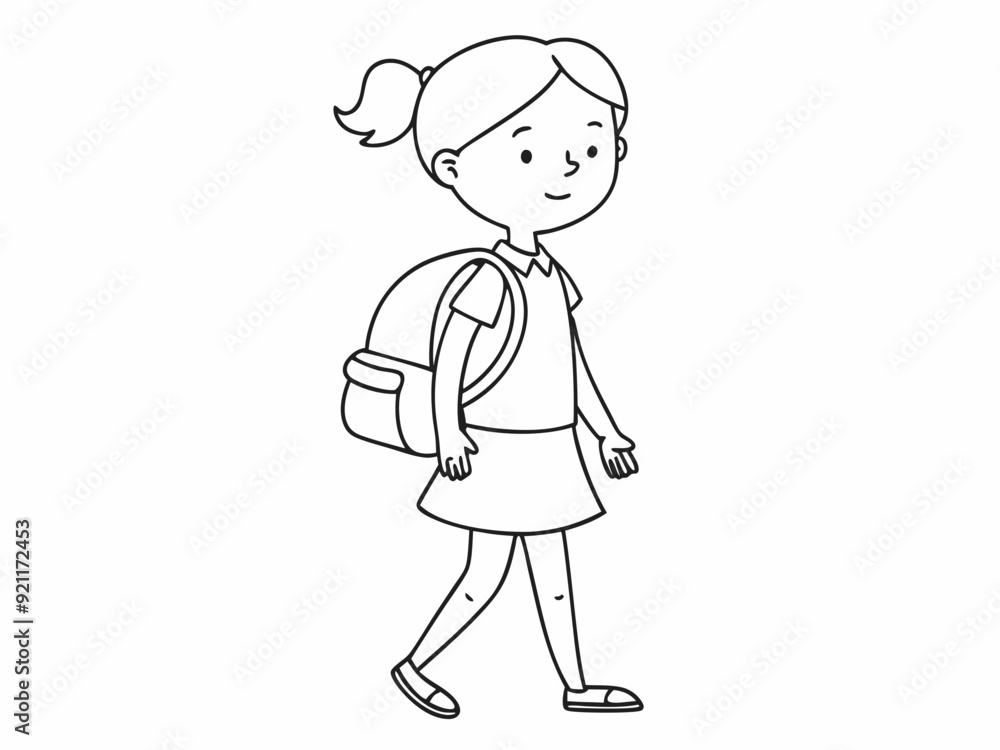 continuous single line drawing of elementary school student girl with ...