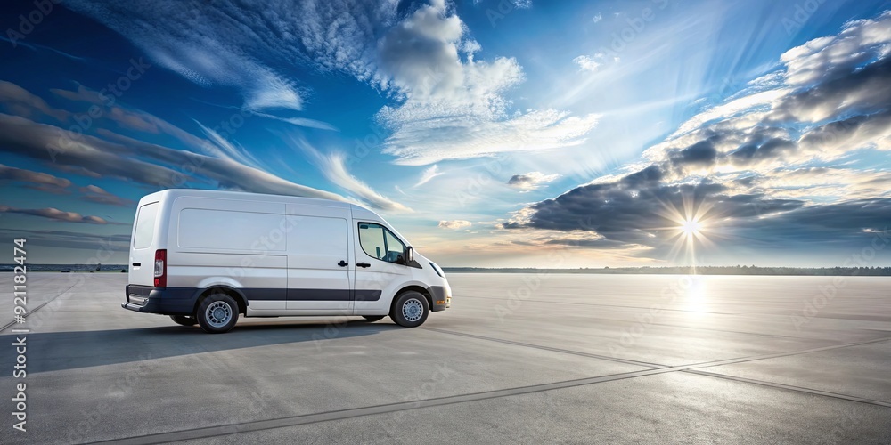 Empty cargo van parked on expansive tarmac under wide open sky ...