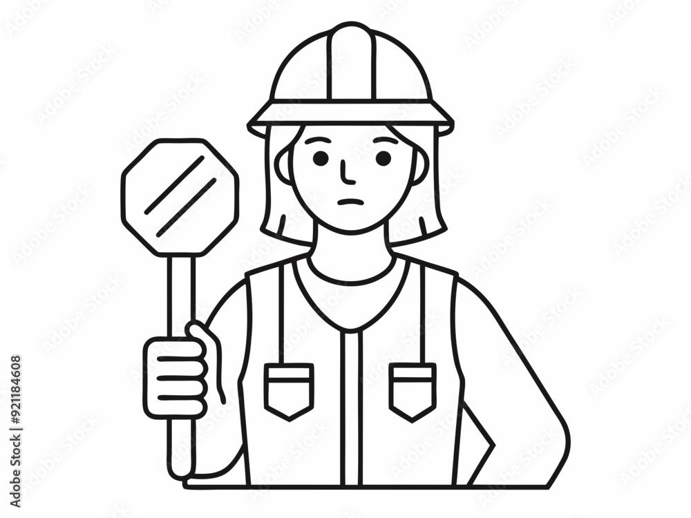 continuous single line drawing of female road worker with stop sign ...