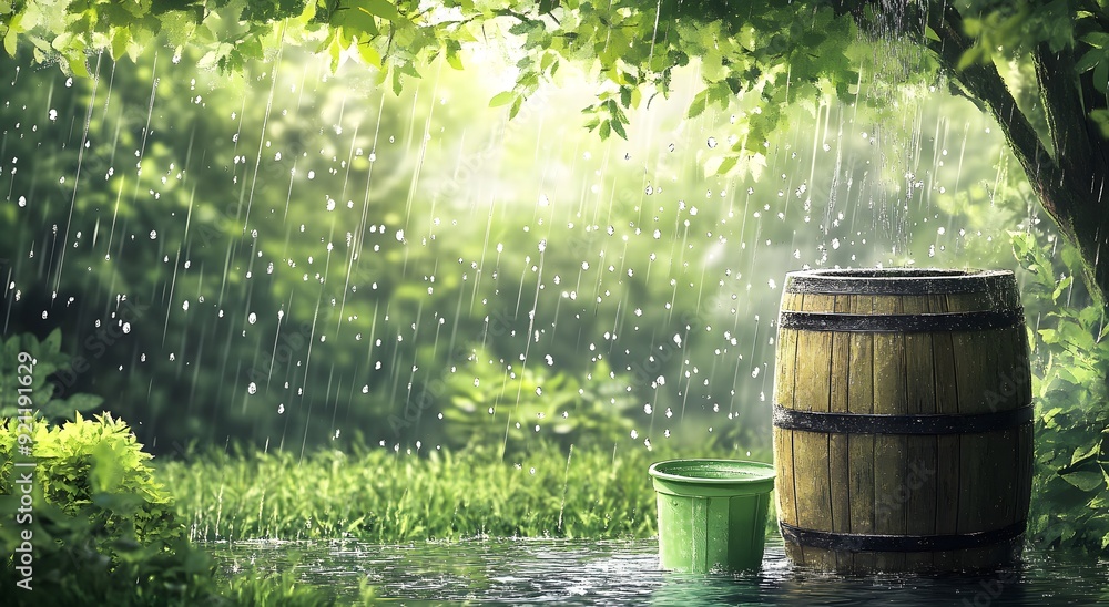 A rain barrel is filling with water during the monsoon season ...