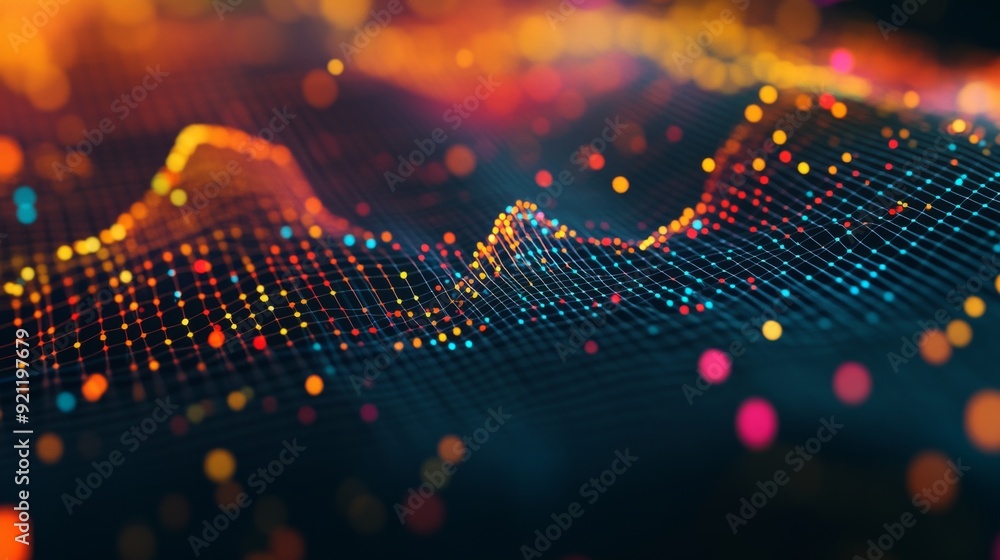 A close-up of a 3D scatter plot with data points floating above a grid, using various colors and ...