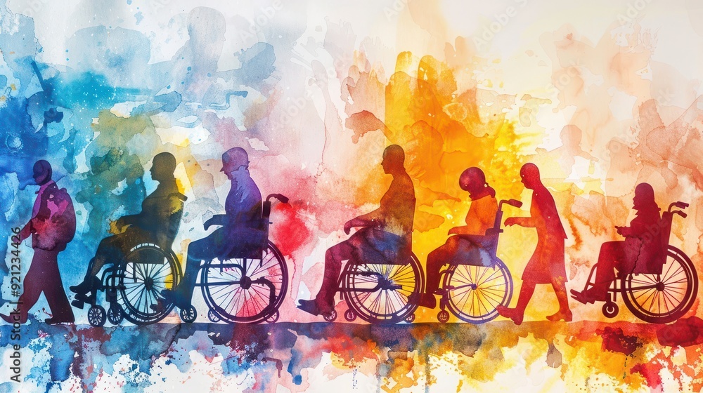 Colorful art watercolor painting depicts a diverse group of ...