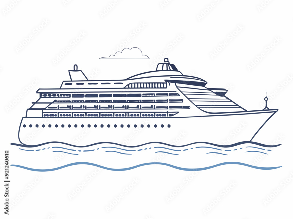 continuous single line drawing of large cruise ship on ocean, line art ...