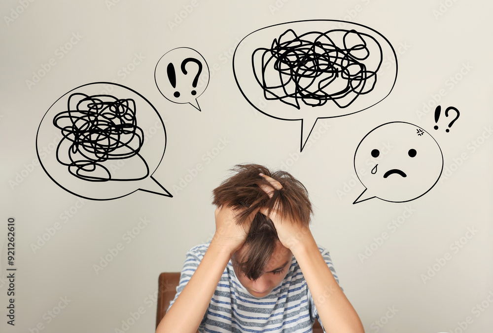 Teenager issue, Confused messed up thoughts bubble line art icon set ...