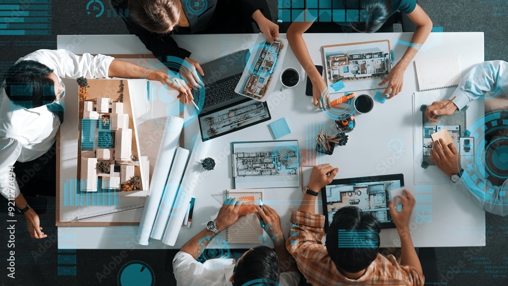 Top view of architect engineer measure blueprint by using architectural ...