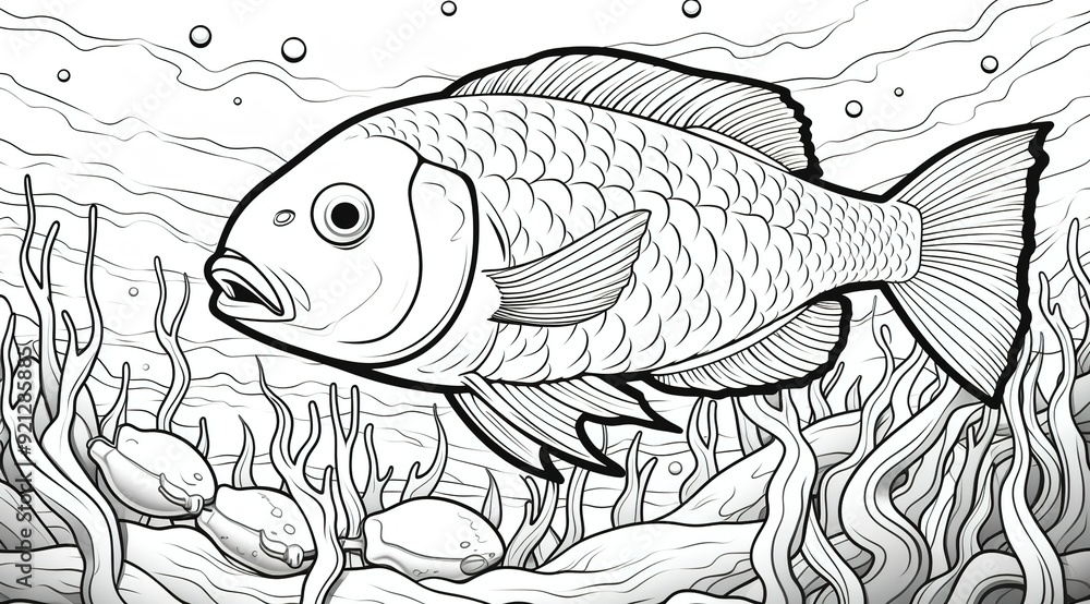 Whimsical cartoon fish characters, designed for a children's coloring ...