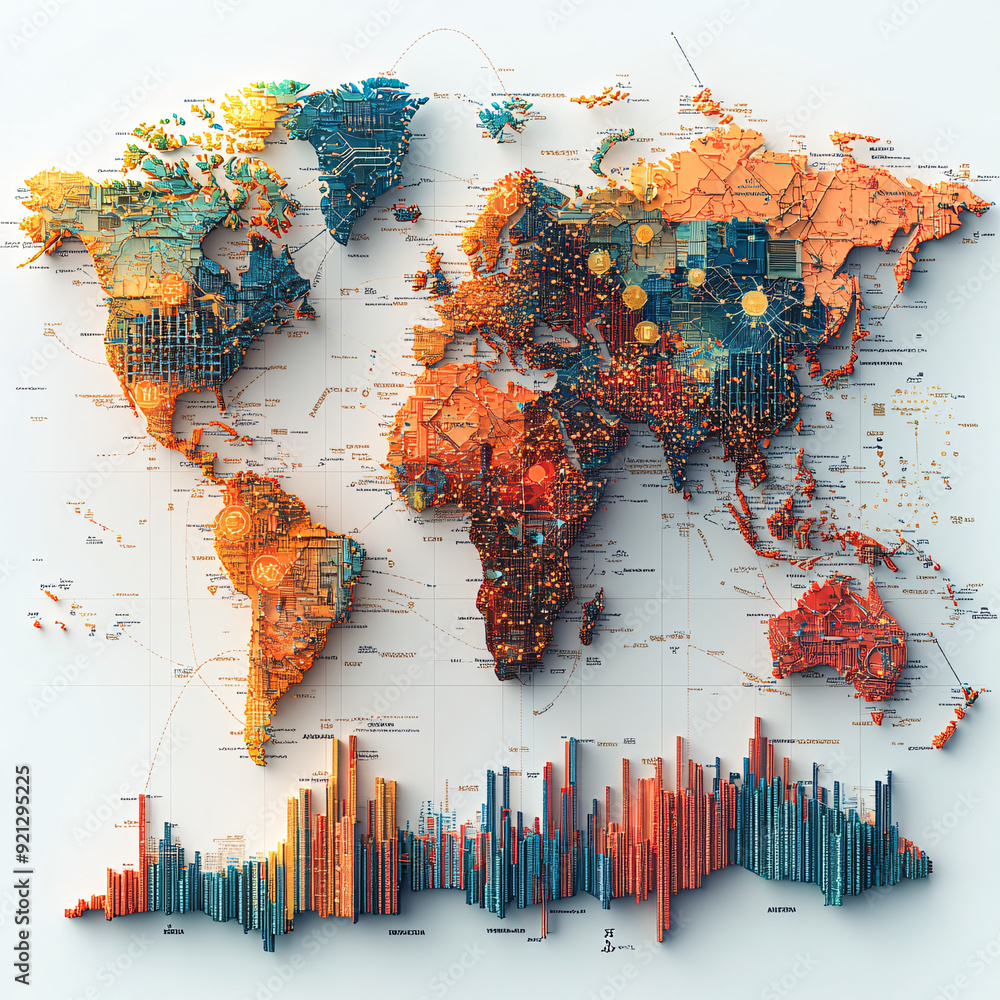Vibrant 3D World Map with Dynamic Data Visualization and Colorful Infographic Elements for ...