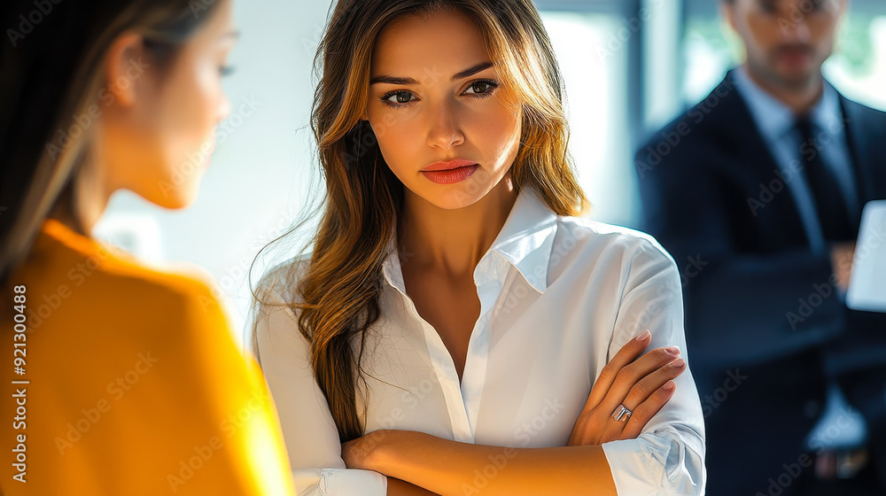 Woman Assertively Confronting Boss Over Unwanted Advances in Workplace, Defending Herself ...