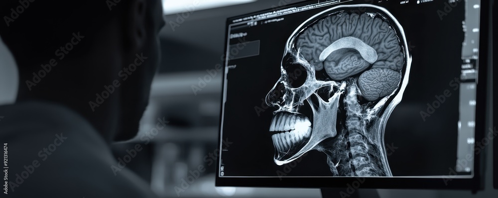 Стокова ілюстрація Doctor analyzing a detailed brain MRI scan on a ...