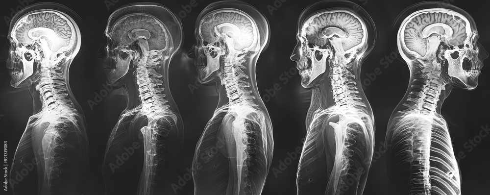 X-ray images showing the side profiles of human heads and spines in ...