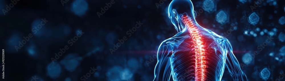 Digital rendering of the human spine highlighted in red, focusing on ...