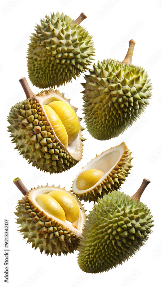 Durians with open and closed shells floating in air, PNG isolated ...