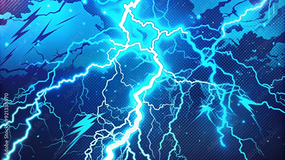 A striking blue lightning bolt illuminates a dark blue sky, styled with ...